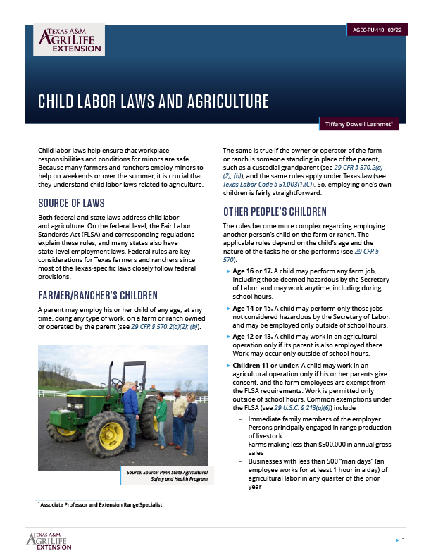 Child Labor Laws and Agriculture | Publications | AgriLife Learn