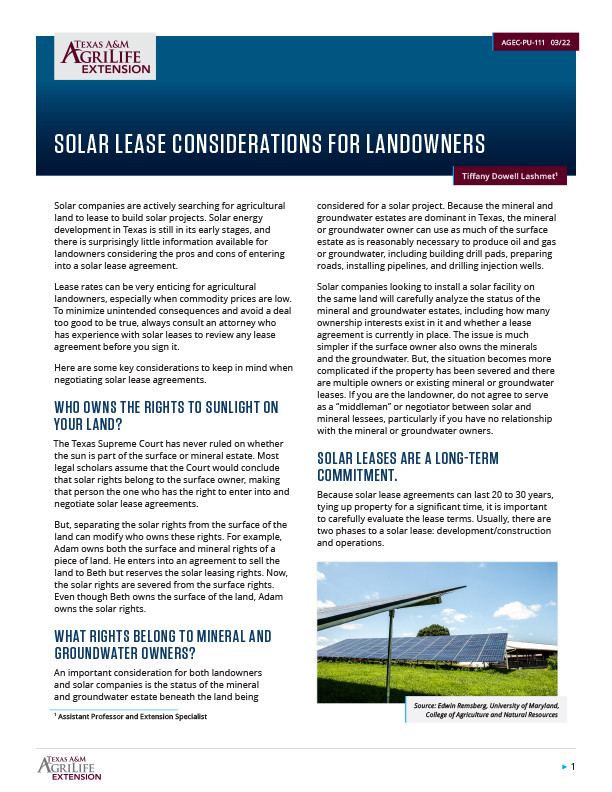 Solar Lease Considerations for Landowners | Publications | AgriLife Learn
