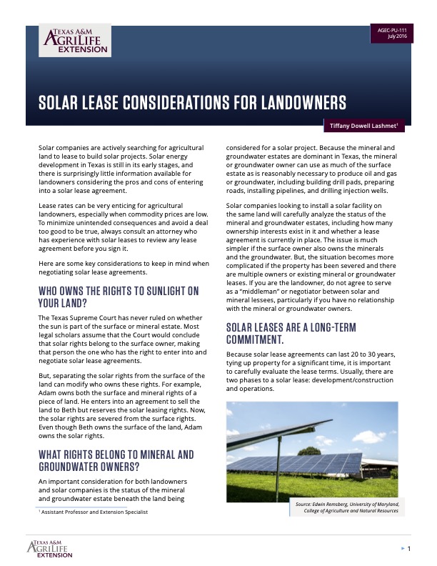Solar Lease Considerations for Landowners | Publications | AgriLife Learn