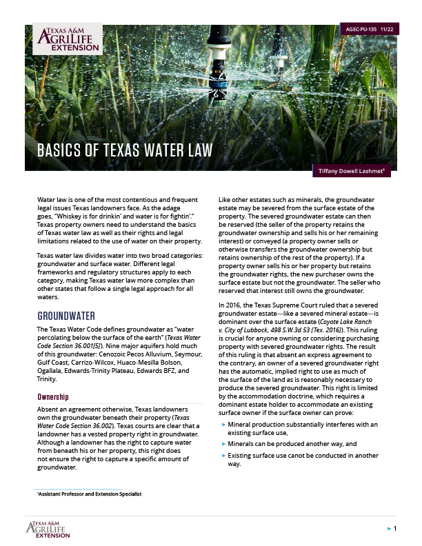 Basics of Texas Water Law | Publications | AgriLife Learn
