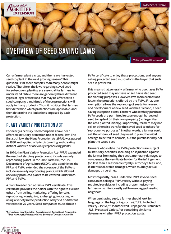 Overview of Seed Saving Laws | Publications | AgriLife Learn