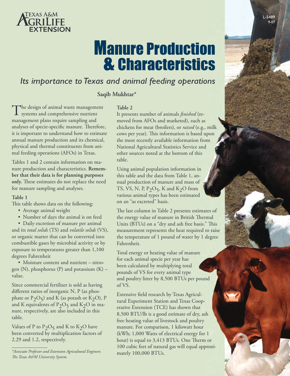 Manure Production and Characteristics: Its Importance to Texas and ...