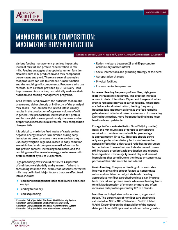 Managing Milk Composition: Maximizing Rumen Function | Publications | AgriLife Learn