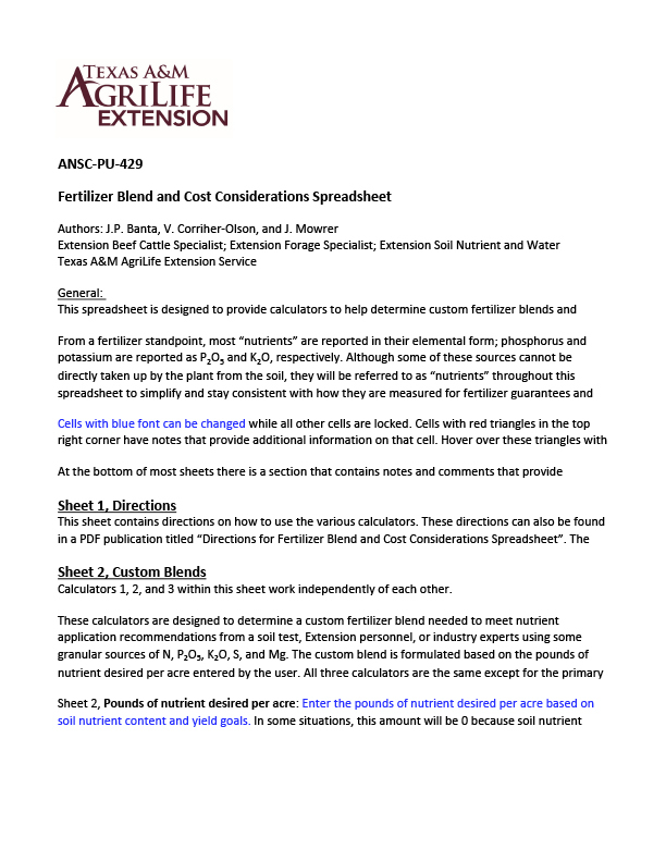 Fertilizer Blend and Cost Consideration Spreadsheet | Publications ...