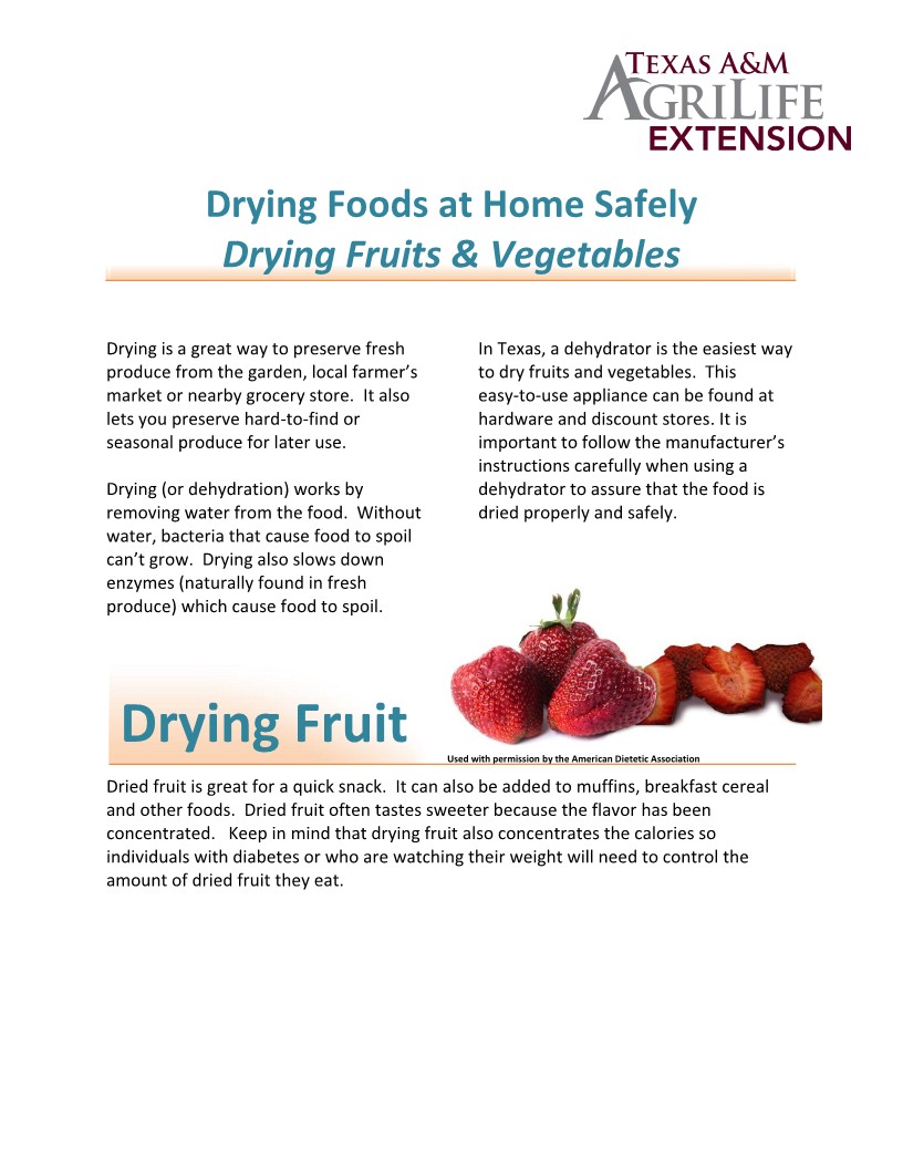 Drying Foods at Home Safely: Drying Fruits and Vegetables ...