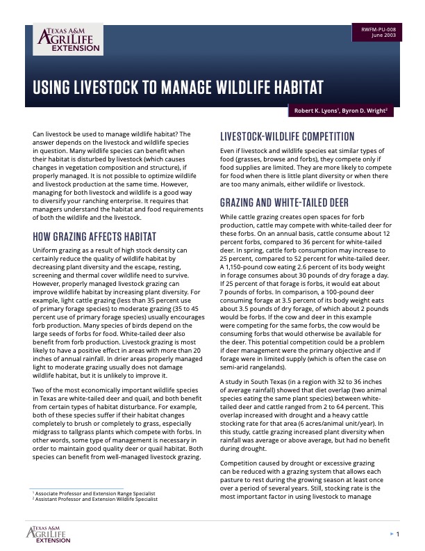 Using Livestock to Manage Wildlife Habitat | Publications | AgriLife Learn