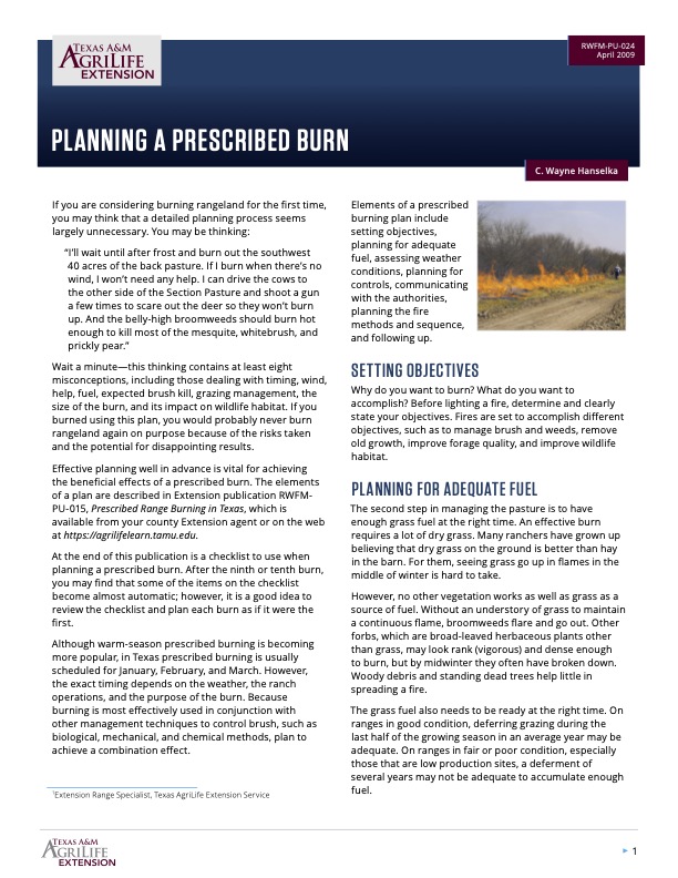 Planning a Prescribed Burn | Publications | AgriLife Learn