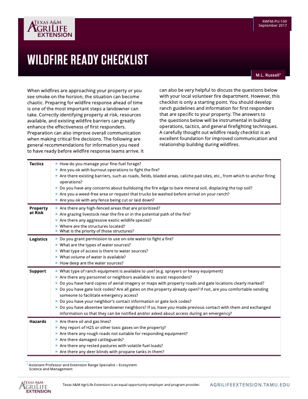 Wildfire Ready Checklist | Publications | AgriLife Learn