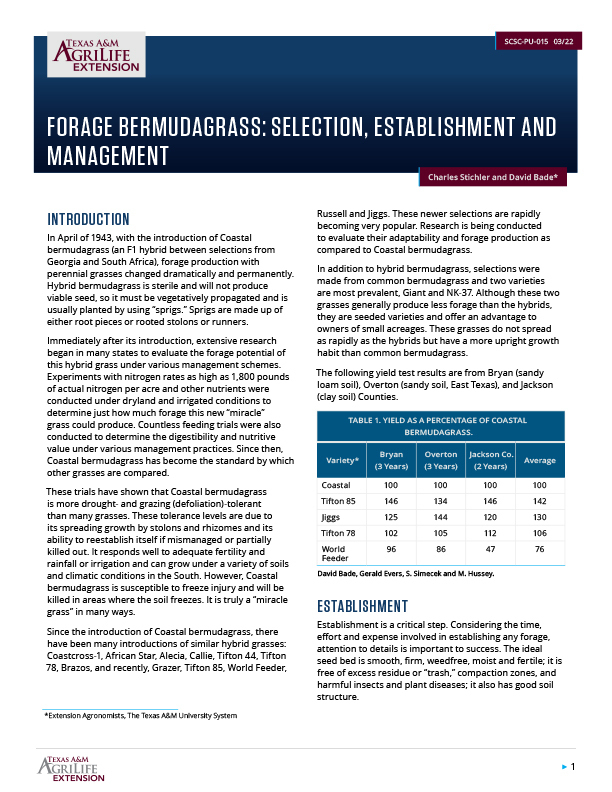 Forage Bermudagrass: Selection, Establishment and Management ...