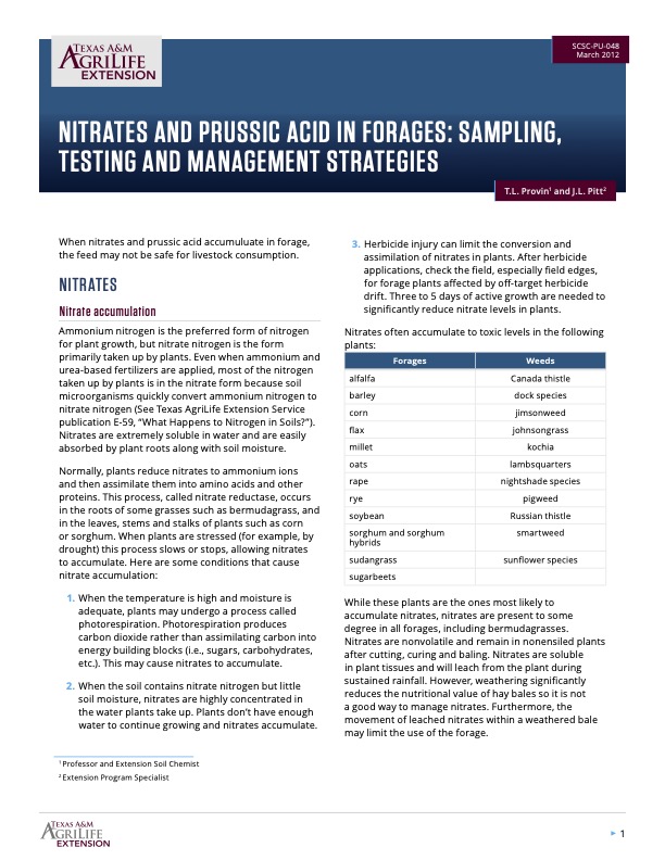 Nitrates and Prussic Acid in Forages | Publications | AgriLife Learn