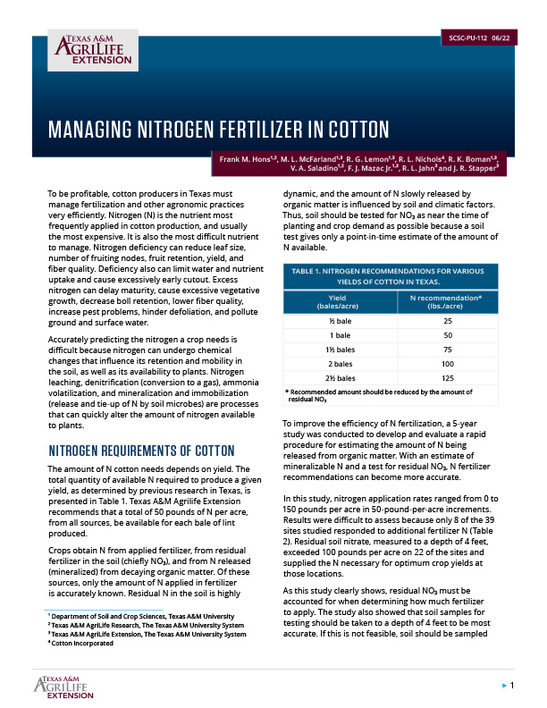 Managing Nitrogen Fertilizer in Cotton | Publications | AgriLife Learn